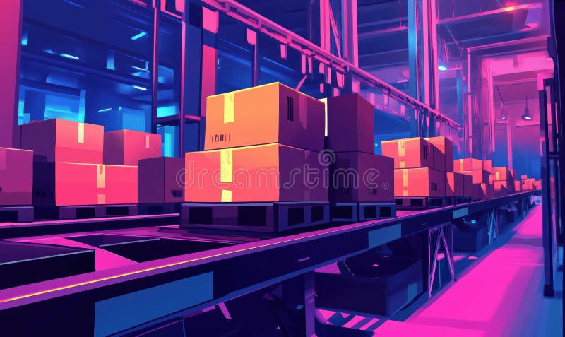 Futuristic Warehouse with Vibrant Neon Lighting and Stacked Boxes on ...