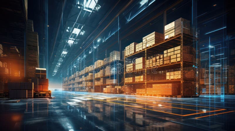 Futuristic Warehouse. Wires and Rows of Boxes. Modern Technology ...