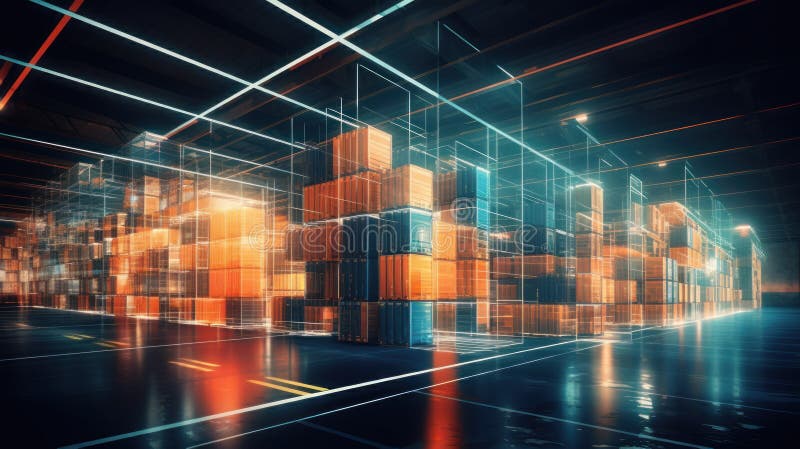 Futuristic Warehouse. Wires and Rows of Boxes. Modern Technology ...