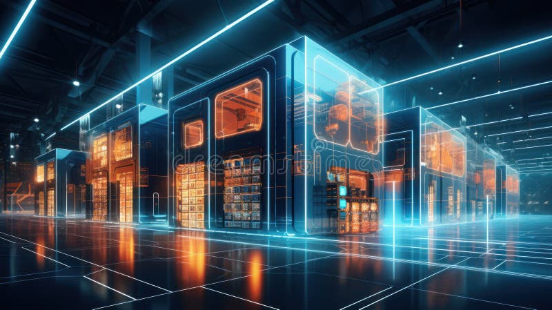 Futuristic Warehouse. Wires and Rows of Boxes. Modern Technology ...