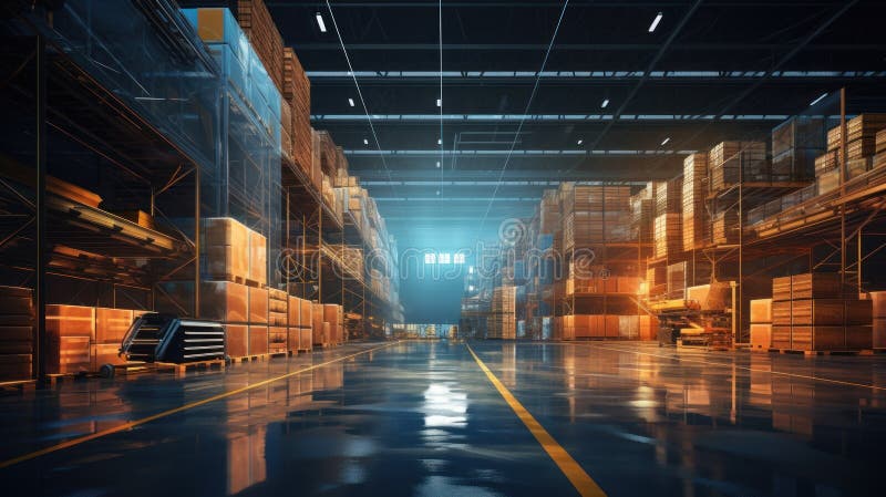 Futuristic Warehouse. Wires and Rows of Boxes. Modern Technology ...