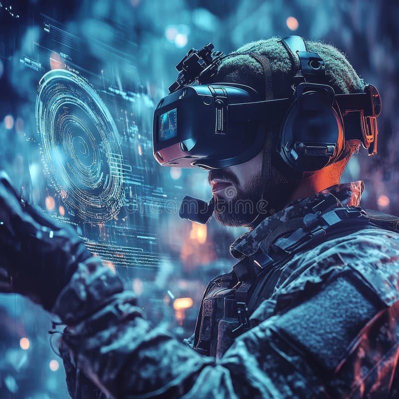 Futuristic Warfare Soldier Utilizing Vr Goggles To Analyze Data on an ...