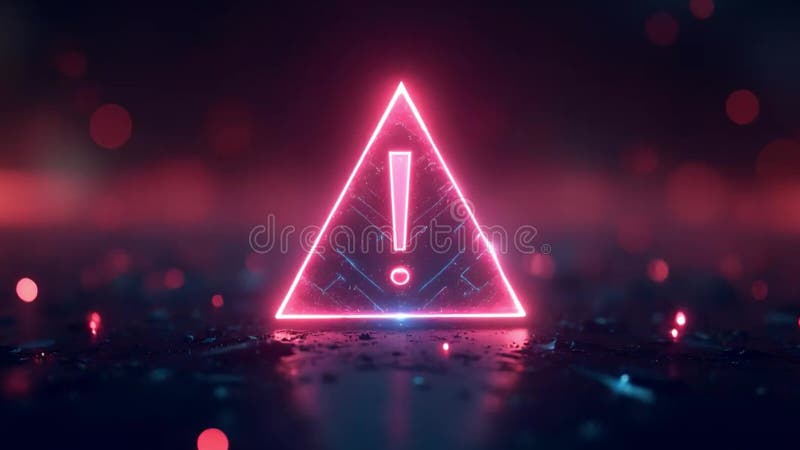 Futuristic Glowing Warning Sign on Reflective Surface with Bokeh Lights ...