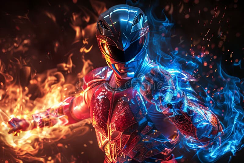 A Futuristic Warrior in a High-tech Suit with Fire and Ice Effects in a ...