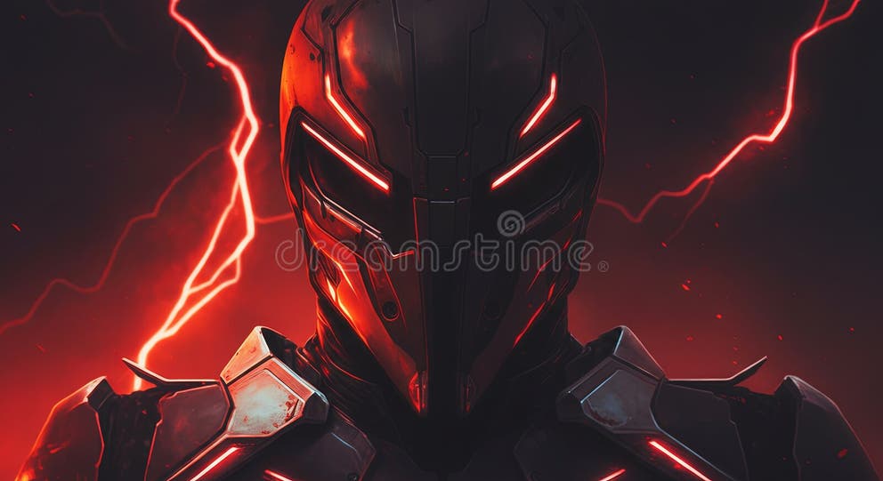 Futuristic Warrior in Sleek Armor Illuminated by Electric Red Light and ...