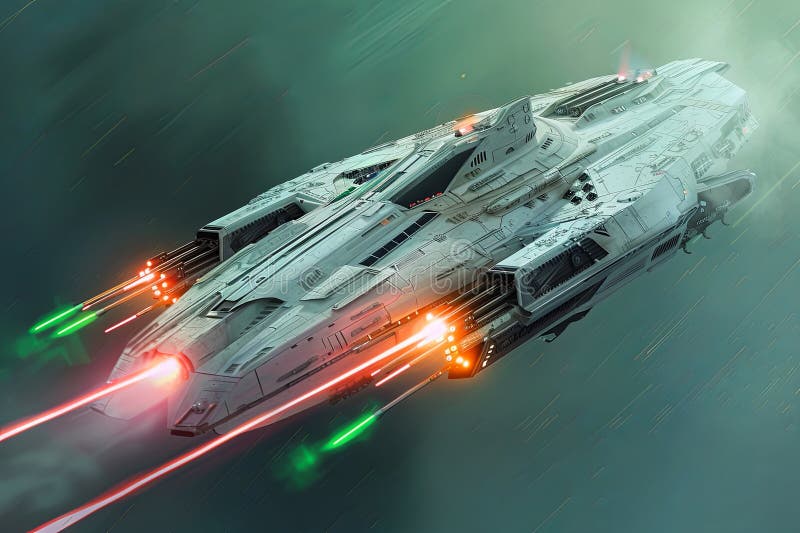 A Futuristic Warship with Laser Weapons Sails in the Ocean Stock ...