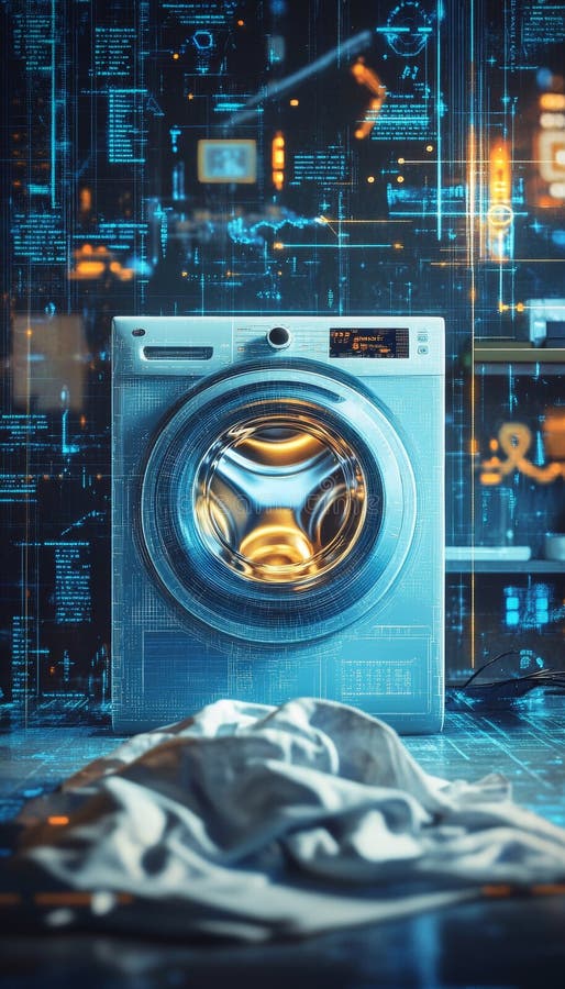 Futuristic Washing Machine Amidst Digital Data and Cyberpunk Elements ...