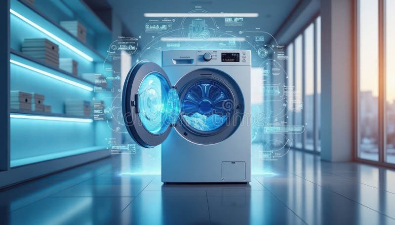 Futuristic Washing Machine with Holographic Data Visualizations. Modern ...