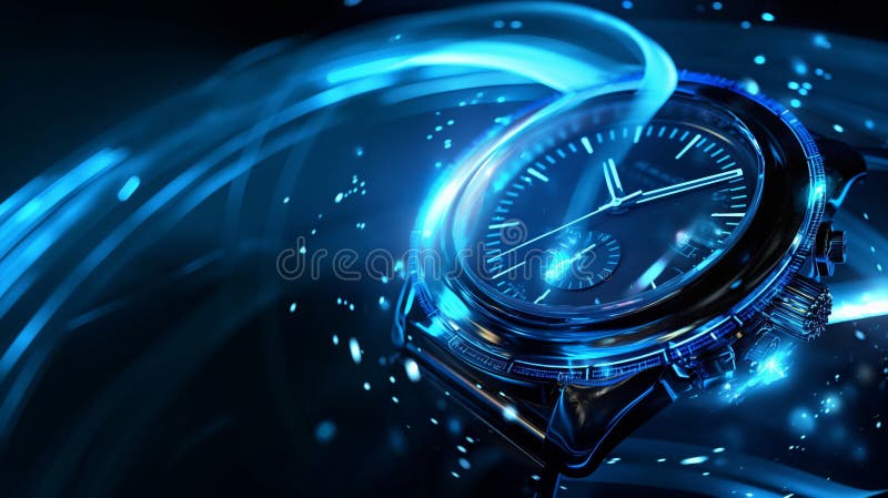 Futuristic Watch with Blue Neon Light Trails Stock Photo - Image of ...