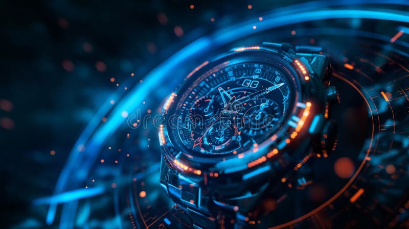 Futuristic Watch with Neon Blue and Orange Accents Stock Photo - Image ...