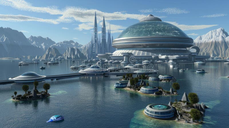 Futuristic Water Cityscape with Floating Structures and Dome ...