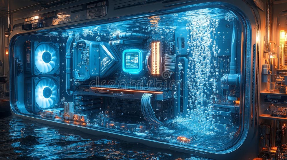 Futuristic Water-cooled Computer System with Vibrant Blue Lighting ...