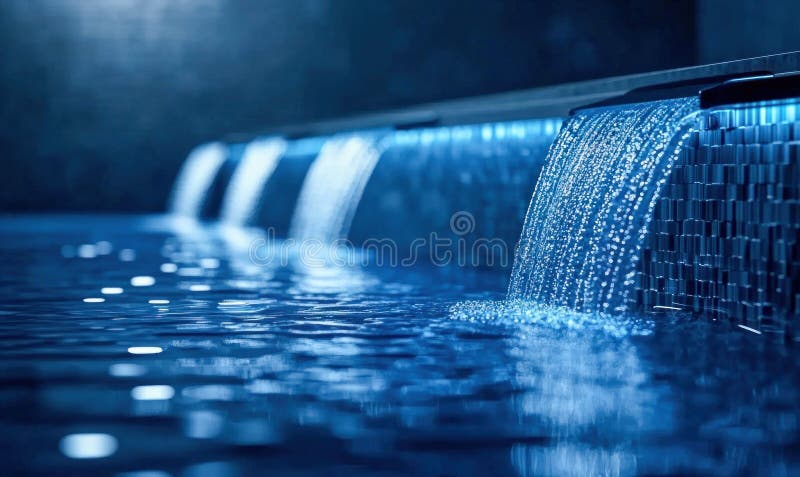 Futuristic Water Installation with Blue LED Illumination Stock ...