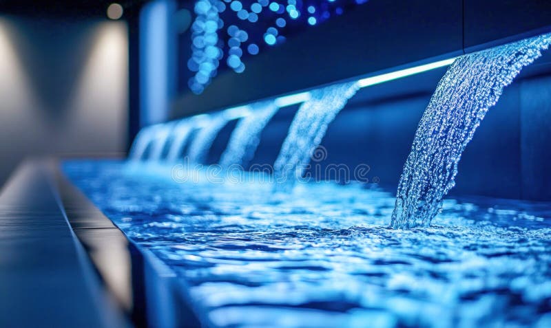 Futuristic Water Installation with Blue LED Illumination Stock ...