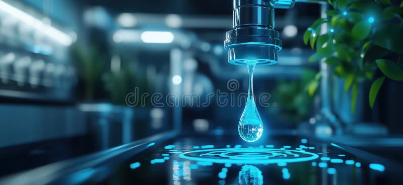 Futuristic Water Tap with Glowing Droplet and High-tech Kitchen ...