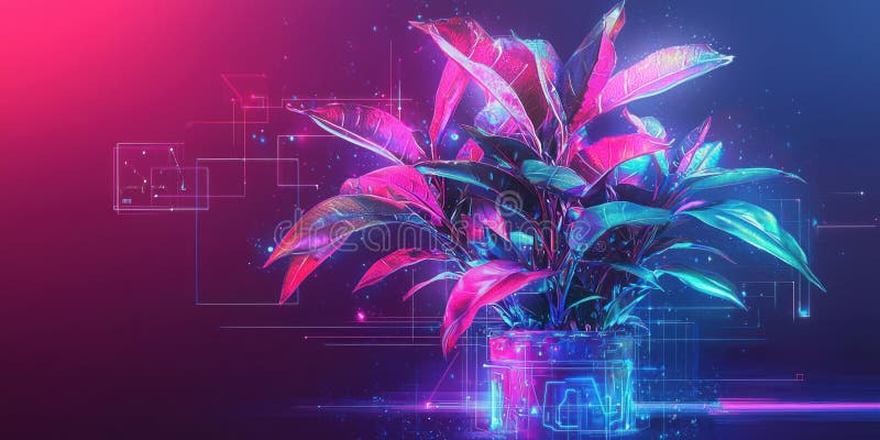 Futuristic Watercolor Plant with Digital Aura and Neon Elements Stock ...