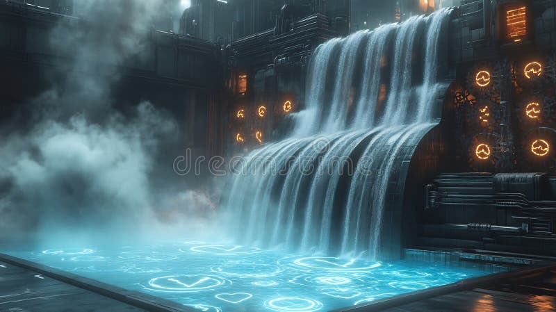 Futuristic Waterfall Cascade in Glowing Retrofuturistic Industrial ...