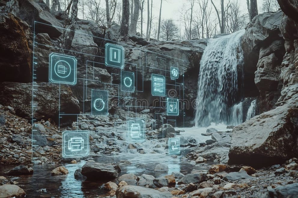 Futuristic Waterfall Landscape with Digital Screens and Surreal Visual ...