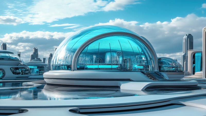 Futuristic Waterfront City with Modern Dome Structure Stock ...