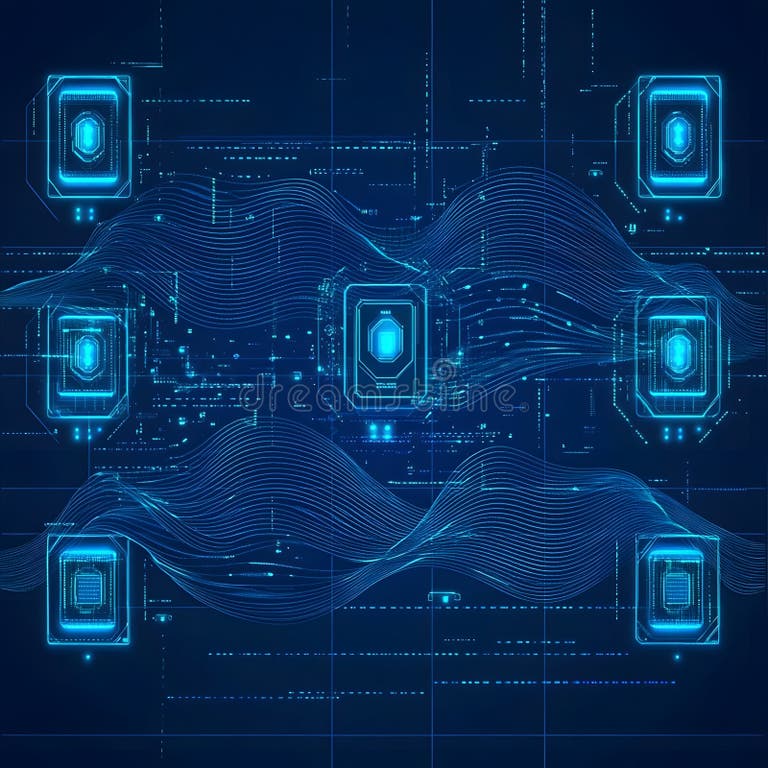 Futuristic Wave Pattern Grid with Hovering Chip Icons for Robotic and ...