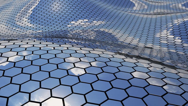Futuristic Wavy Chrome Surface Hexagon Sky Reflection Realistic 3D Rendering Stock Illustration ...