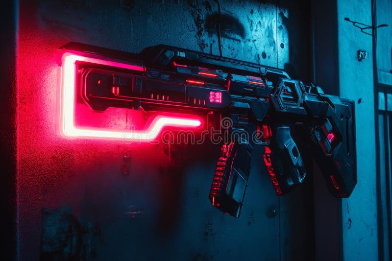 Futuristic Weapon with Neon Glow on a Gritty Wall. this Image Combines ...