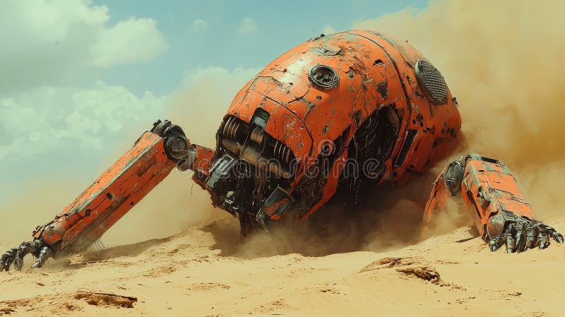 Rusty Orange Robot Crawling in Sandy Desert Stock Image - Image of ...