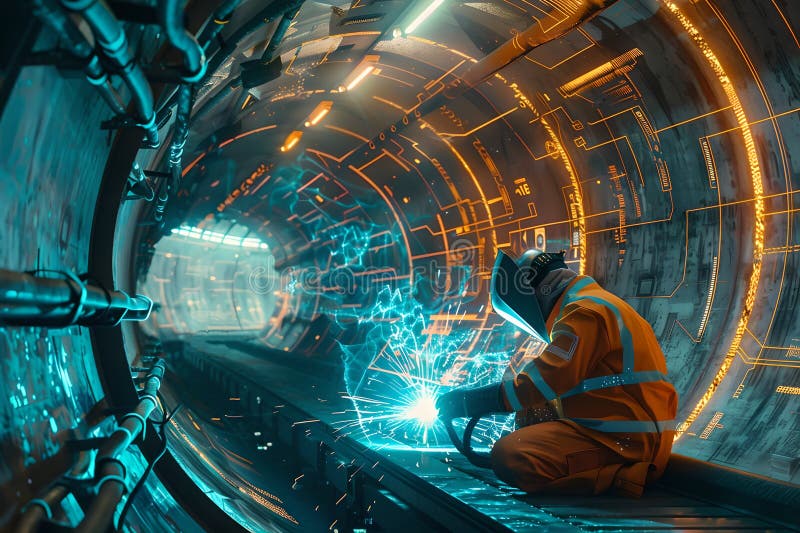 Futuristic Welder at Work in Sci-Fi Tunnel. High-Tech Construction ...