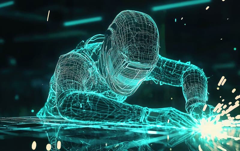 A Futuristic Welder Working in a High-tech Environment during Evening ...