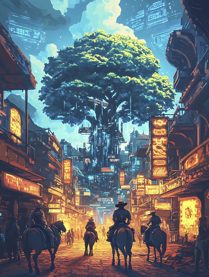 Futuristic Western Town with Hover Horses and Neon Lights Stock Image ...