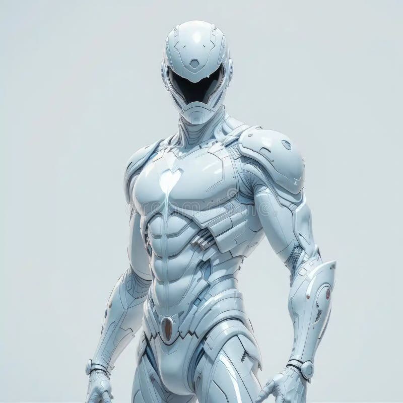Futuristic White Armored Robot, Posing Against a Light Gray Background ...