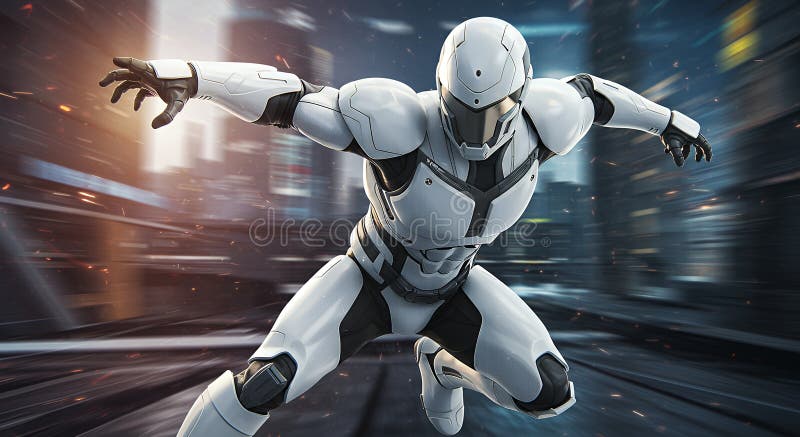 White Superhero in Futuristic Armor Standing in Power Pose Stock ...