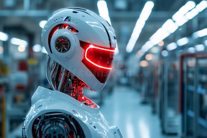 Futuristic White Artificial Intelligence Robot with Red Lights in ...