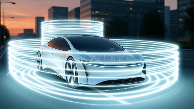 Futuristic White Autonomous Car with Lidar Scanning City Streets Stock ...