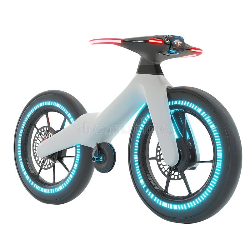 A Futuristic White Bicycle with Glowing Blue Wheel Lights and a Digital ...