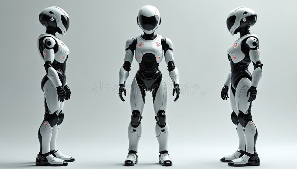 Futuristic White, Black Humanoid Robot Design in Multiple Poses. Sleek, Modern Android with ...