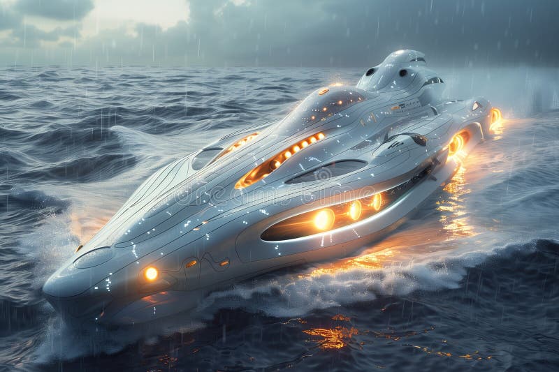 Futuristic White Boat Navigating Rough Seas during Rain Stock Photo ... Futuristic White Boat Navigating Rough Seas during Rain Stock Photo ...