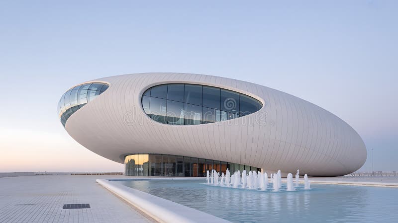 Futuristic White Building with Oval Windows and Water Fountain Modern ...