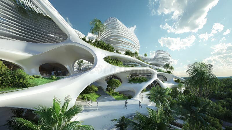 Futuristic White Building with Palm Trees and a Green Lawn Stock Photo ...