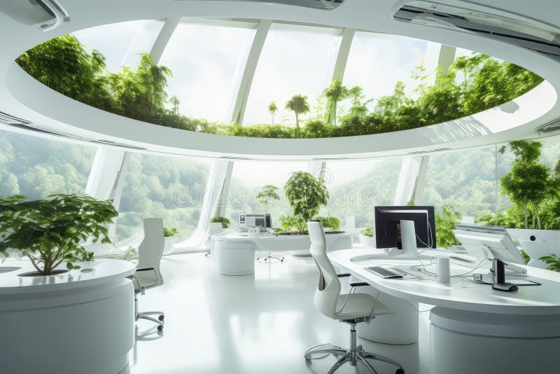 Futuristic White Business Office Features Smart Technologies and Lush Green Plants, Creating ...