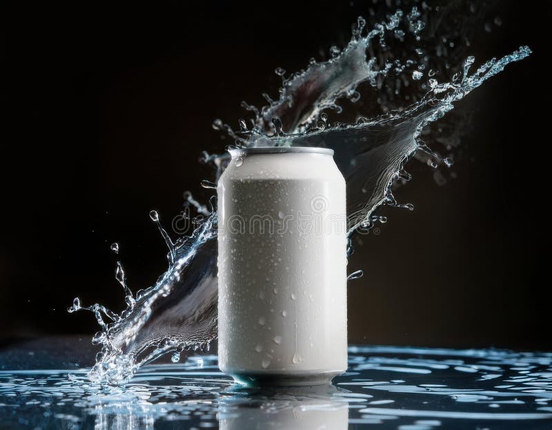 Futuristic White Can with Symmetrical Water Splash Designs Stock Image ...