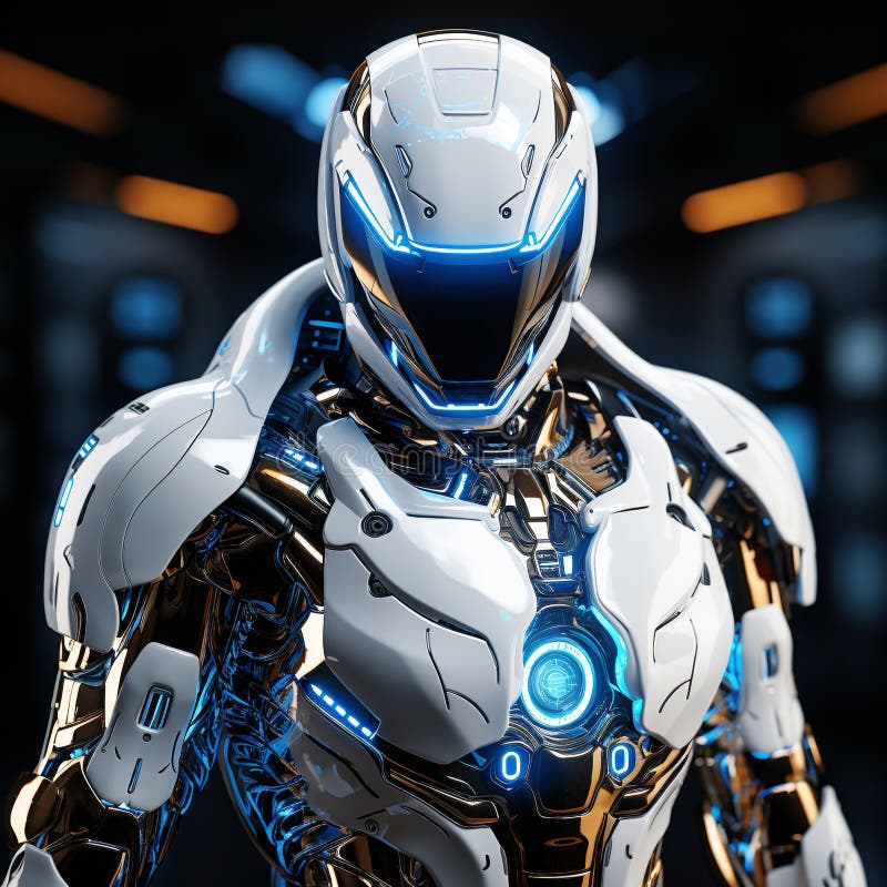 Futuristic White and Chrome Robot with Blue Energy Core and Illuminated ...