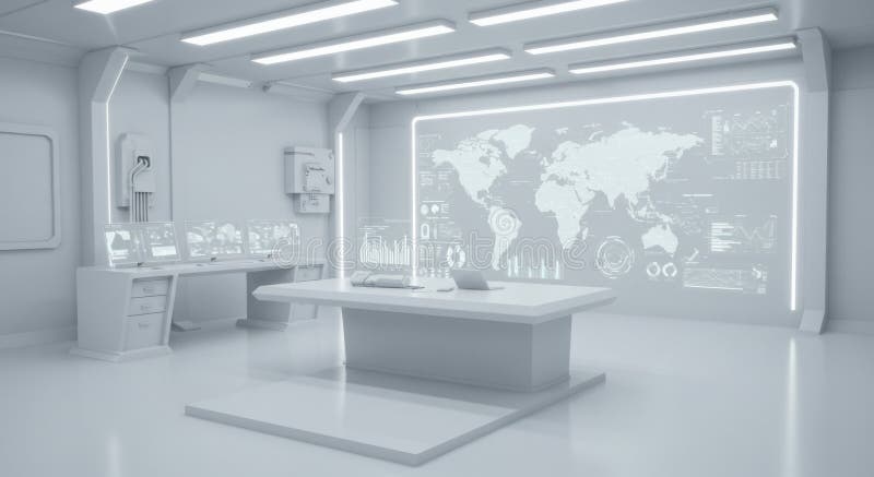 Futuristic white control room with digital world map display and modern ...