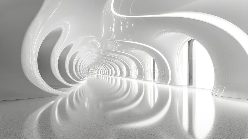 Futuristic White Corridor with Smooth Curves and Reflective Floor ...