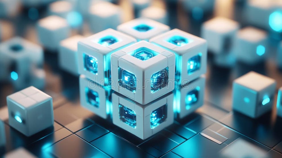 A Futuristic White Cube Featuring a Blue Glowing Core Rests on a ...