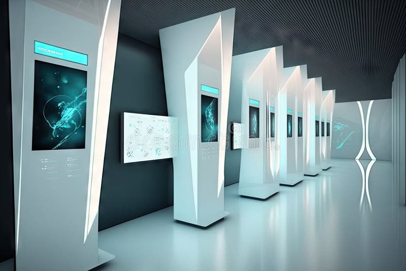 Futuristic White Hall with Floating Holographic Displays and ...