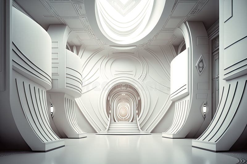 Futuristic White Hall with Intricate, Futuristic Design Elements and ... Futuristic White Hall with Intricate, Futuristic Design Elements and ...