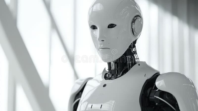 Futuristic White Humanoid Robot with Black Detailing in Bright Setting ...