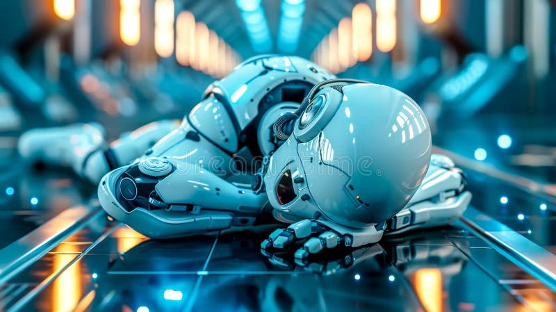 White Humanoid Robot Lying Down on the Floor Stock Image - Image of ...