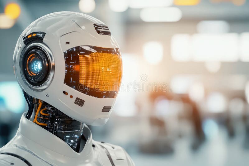 Futuristic White Humanoid Robot with Orange Visor in Blurred Background ...